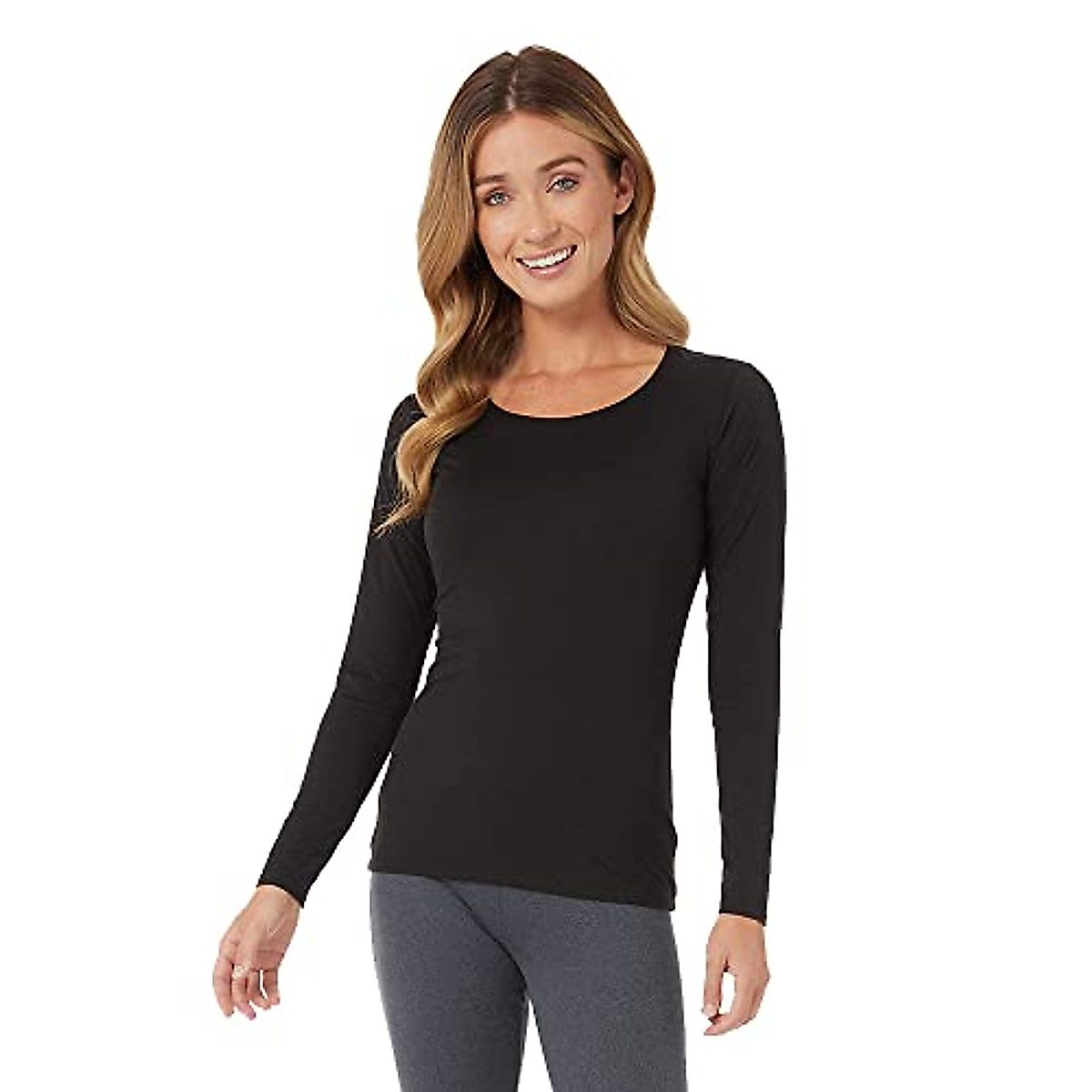 32 Degrees Women's Lightweight Baselayer Scoop Top | Long Sleeve | Form Fitting | 4-Way Stretch | Thermal, Black, Medium