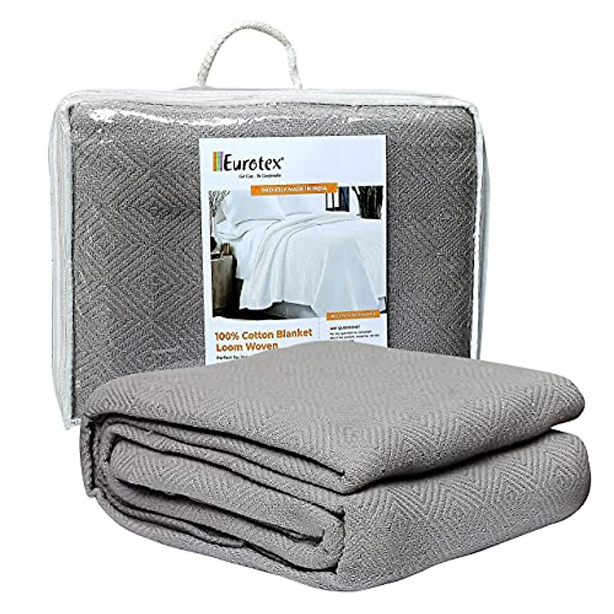 EUROTEX 100% Cotton Blanket Diamond Weave King 108 x 90 inches - Summer Lightweight Soft Breathable Blanket - Perfect for Layering for Couch Bed Sofa - Elegant Home Decoration, Light Grey