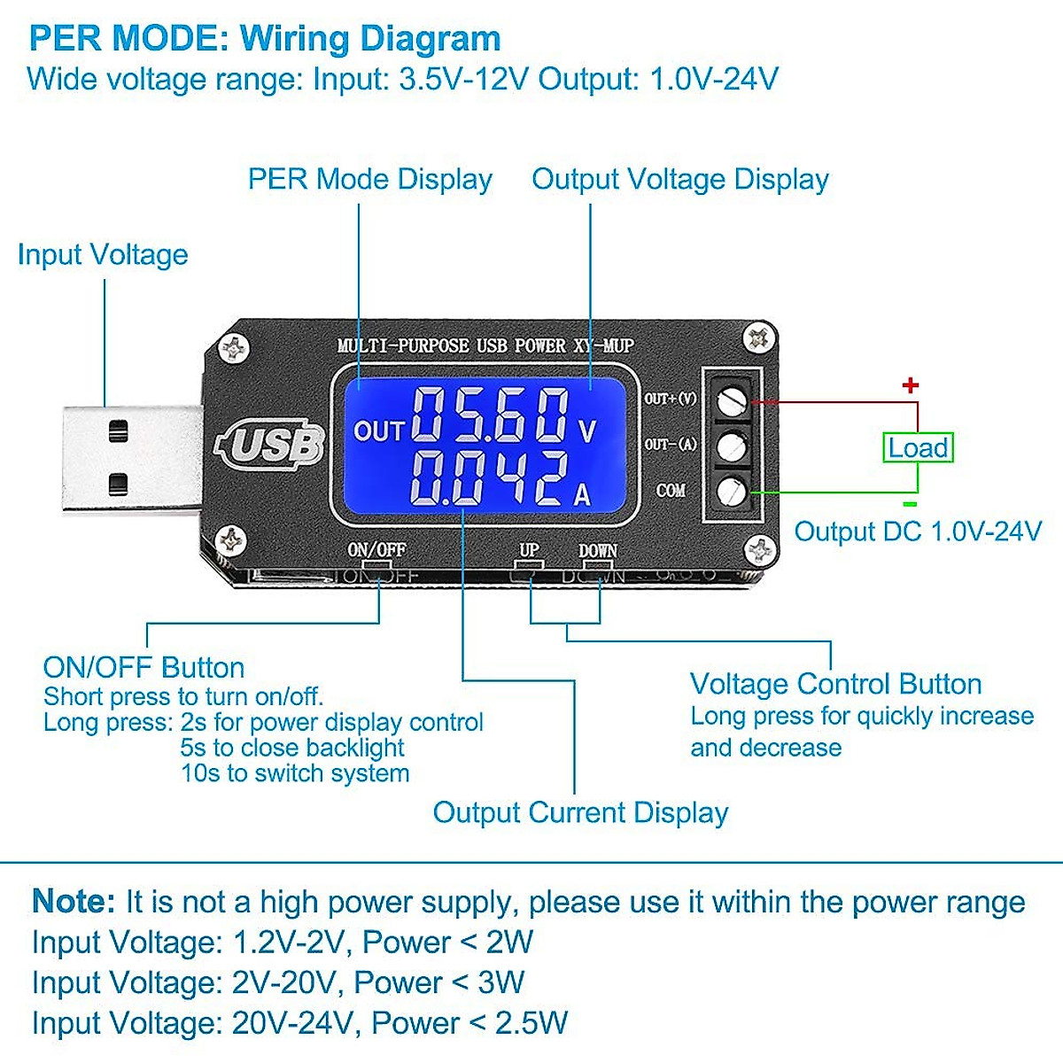 PEMENOL DC-DC CNC USB Step Up/Down Power Supply Regulator Module 3.5V-12V to 1.0V-24V 2-3W, Adjustable Boost Buck Voltage Converter Digital Display Voltmeter Ammeter Battery Capacity Tester
