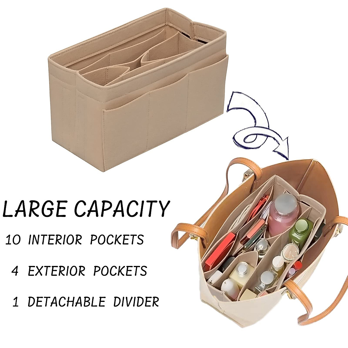 DailyPlus Purse Organizer Insert - Felt Bag Organizer for Tote Purse Bag with 14 Pockets - Beige Medium