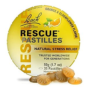 Bach RESCUE PASTILLES, Orange and Elderflower Flavor, Natural Stress Relief Lozenges, Homeopathic Flower Essence, Vegetarian, Gluten & Sugar-Free, 35 Count