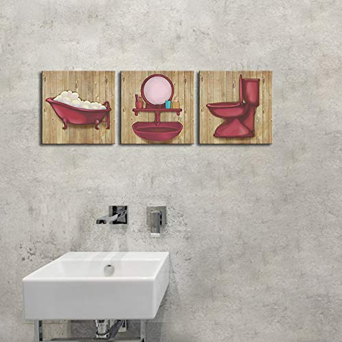 LoveHouse Bathroom Canvas Wall Art Prints Rustic Bath Sets Red Wall Decor Still Life Picture Poster Print On Canvas for Home Shower Room Decoration Stretched Framed Ready to Hang 12x12inchx3panel