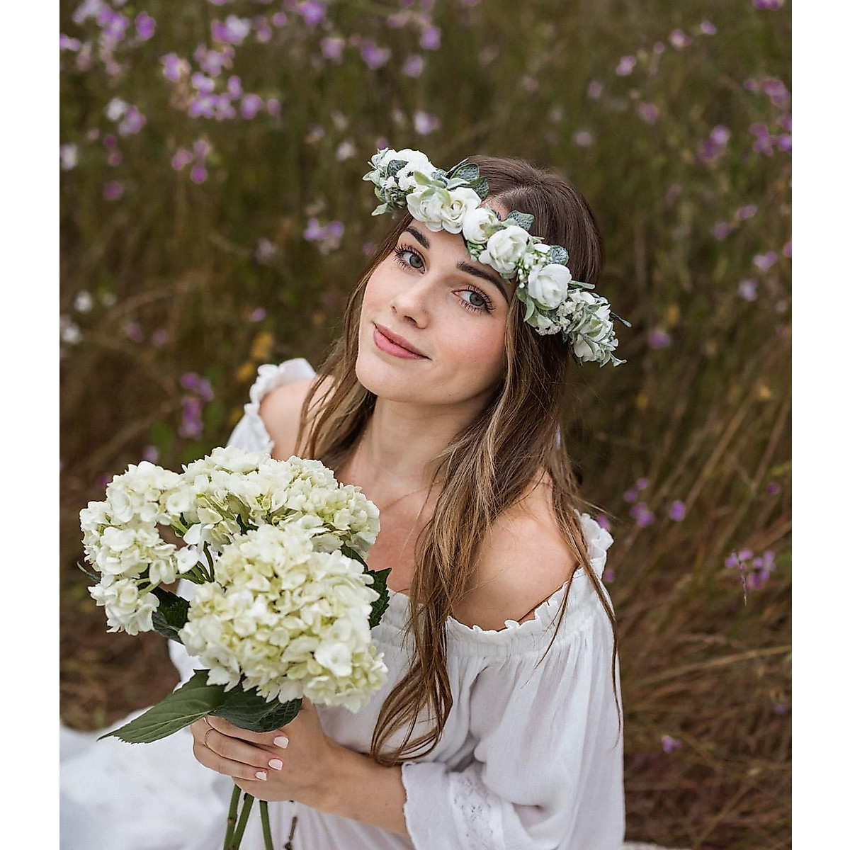 Vividsun Boho Flower Headband Floral Garland Crown Wedding Festival Party Headpiece (small white rose)