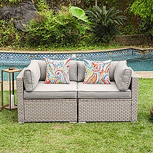 COSIEST 2-Piece Outdoor Furniture Loveseat Wicker Sectional Sofa Set w Warm Gray Thick Cushions, 2 Floral Fantasy Pillows for Garden, Pool, Backyard