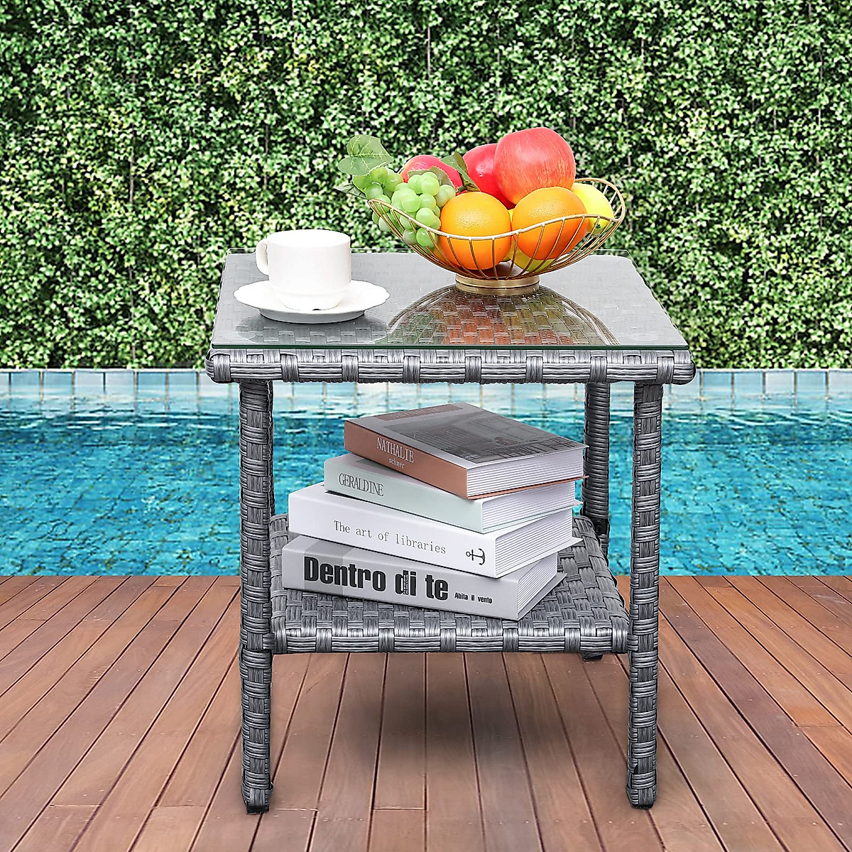 Outdoor PE Wicker Side Table - Patio Rattan Garden Coffee End Square Table with Glass Top Furniture, Grey