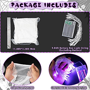 Beef Netting Spider Web for Halloween Outdoor Decoration White Stretchy Beef Netting Roll Spider Web with Purple LED String Lights for Light Up Scary Halloween Yard Garden Decorations