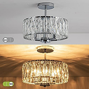 KARMIQI Crystal Flush Mount Ceiling Light 13 Inch Drum Semi Chandelier Flush Mount Light Fixture for Chrome Finish Ceiling Lamp for Dining Room Bedroom Kitchen Island Hallway Entryway