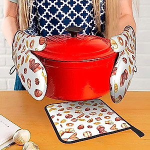 Painted Bread Oven Mitts and Pot Holders Sets 3pcs Heat Resistant Waterproof for Cooking Baking Grilling