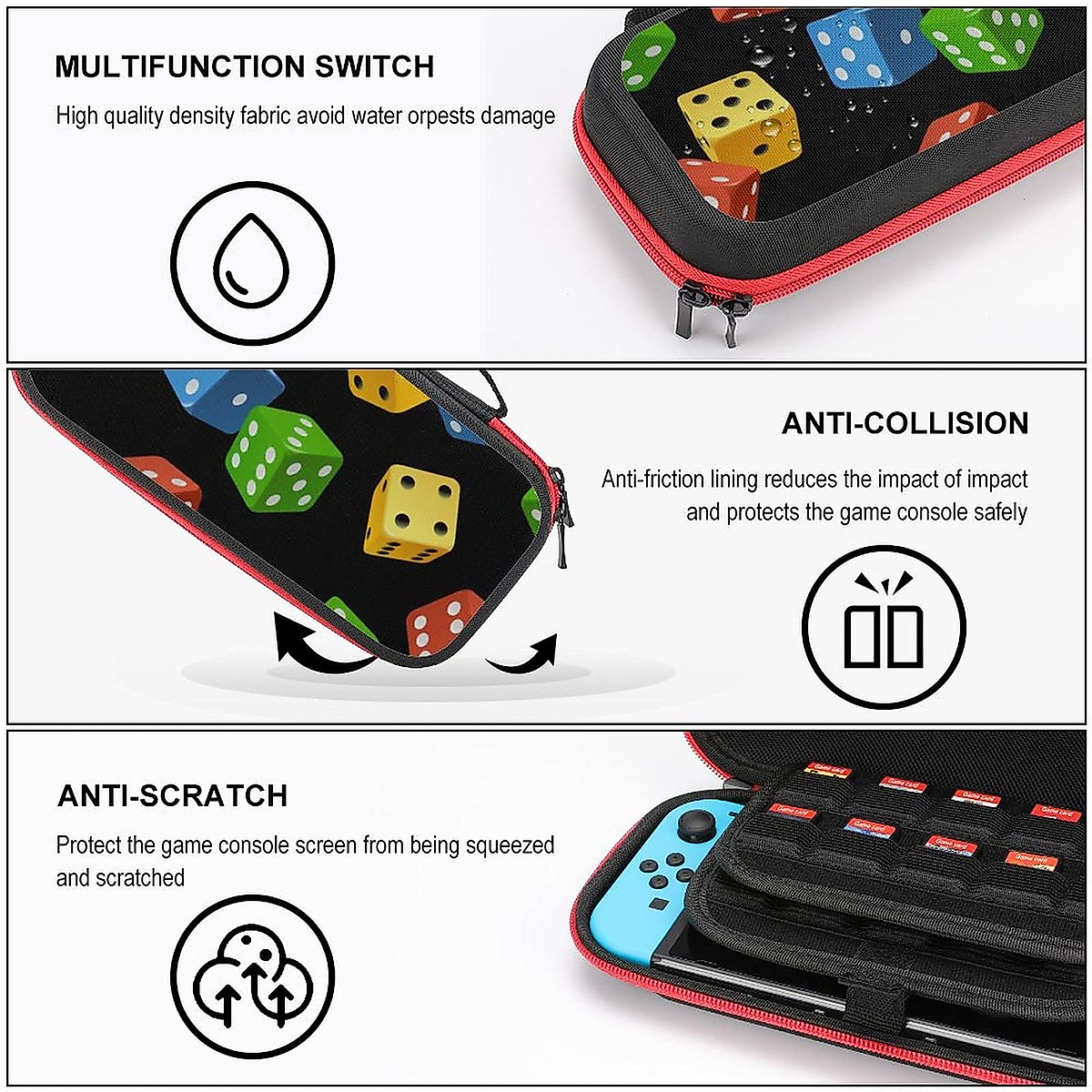 Varicoloured Dice Printed Carrying Case Storage Bag For Switch Lite & Accessories Travel Portable