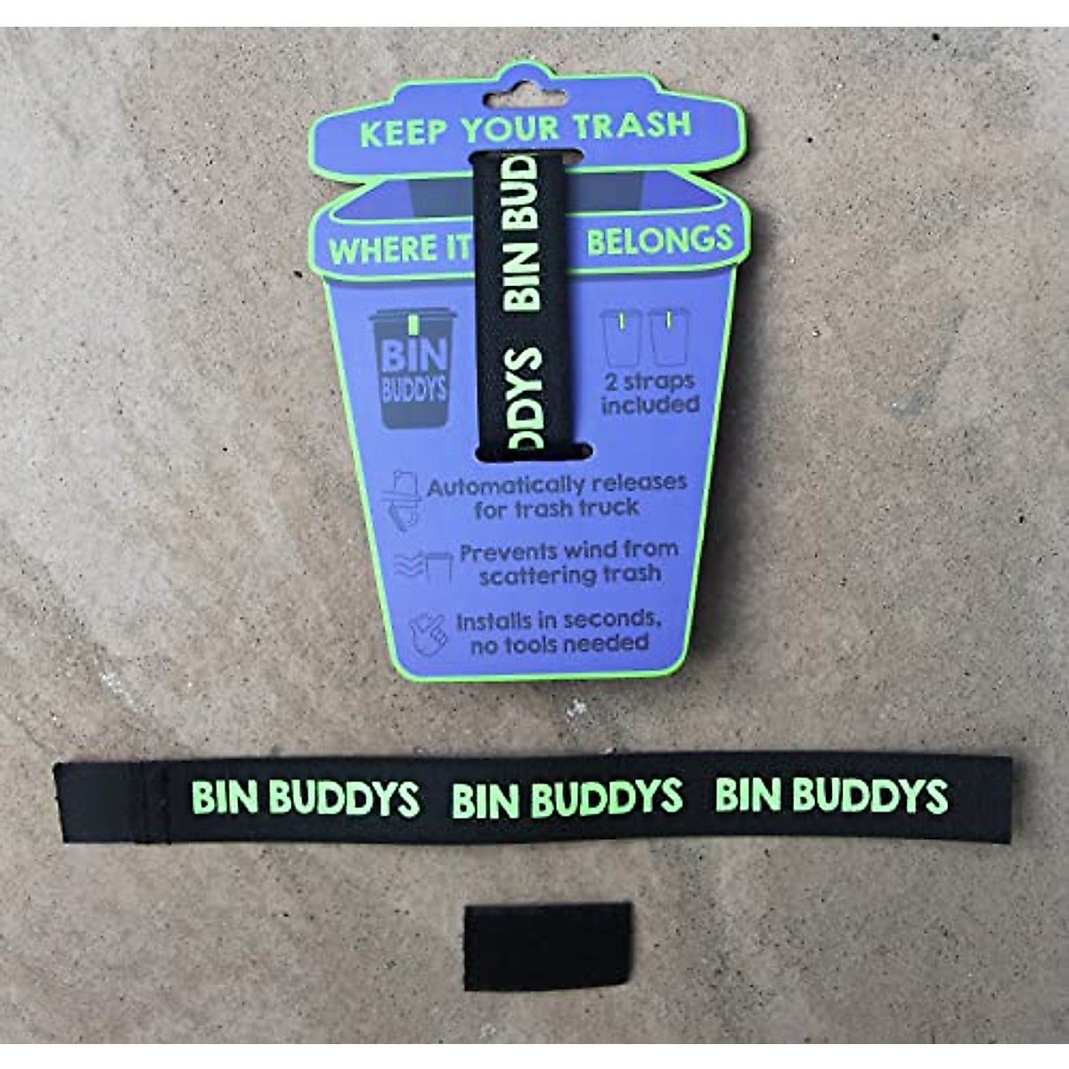 Bin Buddy - Garbage/Trash Can Strap Prevents Wind from Scattering Trash/Recycling - Automatically releases for Trash Truck - 2 pack
