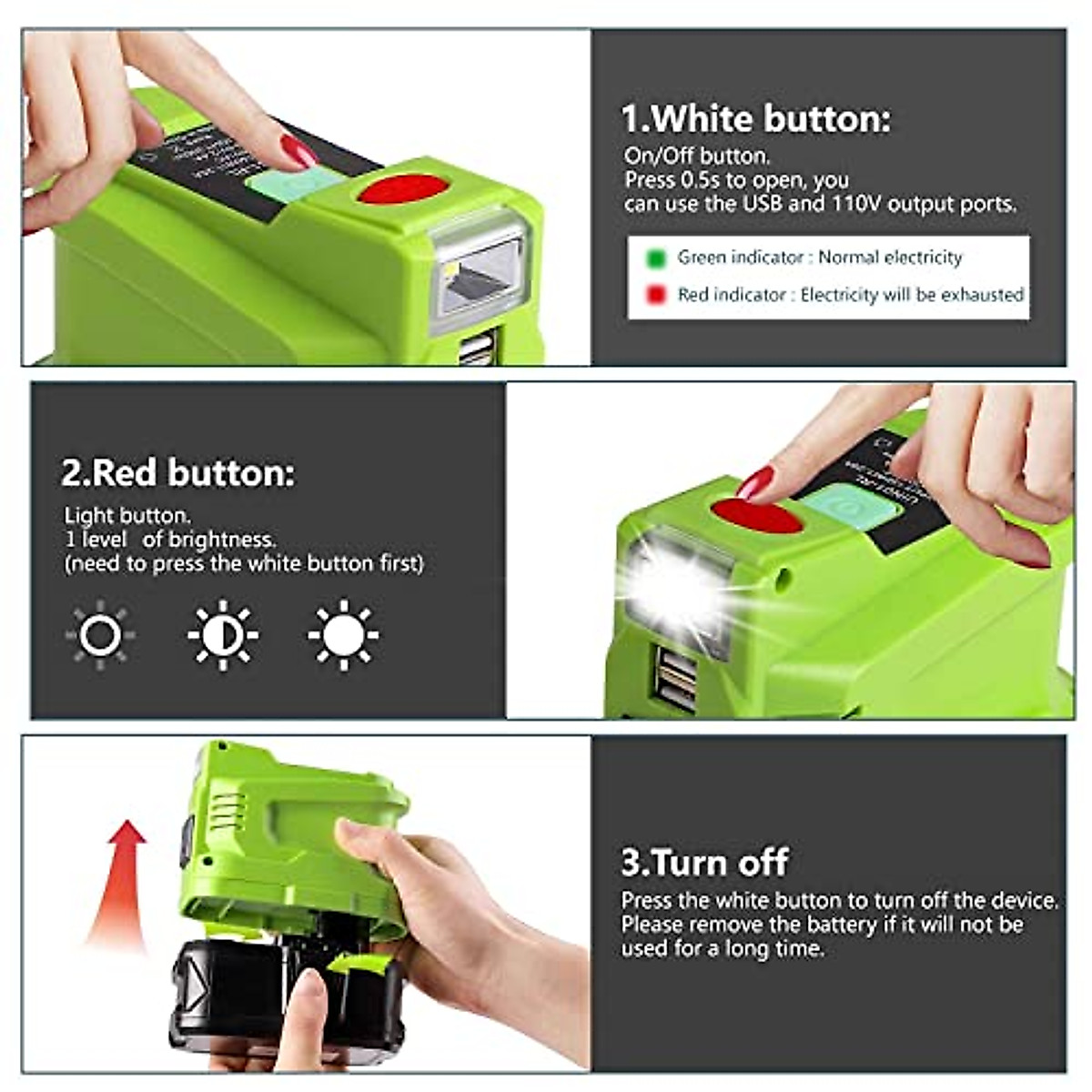 Laimiao for Ryobi 150W Portable Power Supply Inverter,Power Inverter for Ryobi 18 Volt Lithium Battery USB Charger Adapter,AC 110V-120V 150 Watt Powered Inverter Generator with LED Light