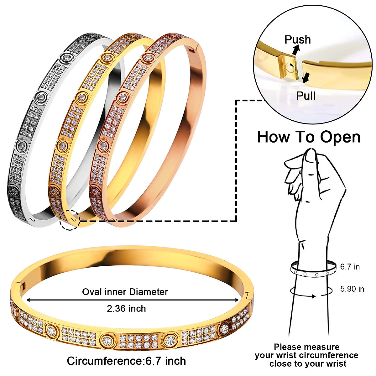 Love Friendship Bracelets Bangle Gold Silver with Cubic Zirconia Stainless Steel Jewelry Oval Bracelet Birthday for Her Women Teen Girls with Gifts Box (Gold, Stainless Steel)