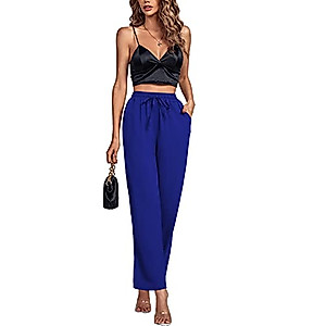 Umenlele Women's Casual Drawstring Elastic High Waist Pants Sport Yoga Jogger Trousers with Pockets Royal Blue Medium