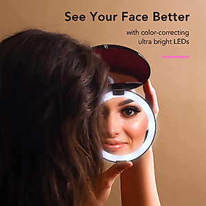Fancii LED Lighted Travel Makeup Mirror, Rechargeable with 10x/1x Magnifying & 3 Light Settings - Compact, Portable, Large 5” Wide Hand Mirror for Handbag and Purses (Black)