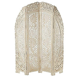 Deco 79 Wood Floral Handmade Hinged Foldable Arched Partition 4 Panel Room Divider Screen with Intricately Carved Designs, 60" L x 2 "W x 72"H, White