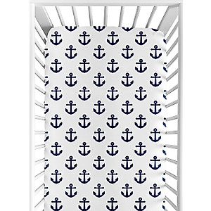 Sweet Jojo Designs Navy Blue White Anchors Boy Girl Fitted Crib Sheet Baby or Toddler Bed Nursery - Nautical Theme Ocean Sailboat Sea Marine Sailor Anchor Unisex Gender Neutral
