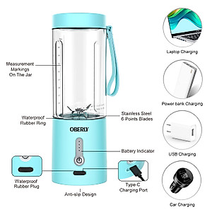 Portable Blender for Shakes and Smoothies, OBERLY Personal Travel Blender for Protein with 4000mAh USB Rechargeable Battery, Crush Ice, Frozen Fruit and Drinks, 18 oz Mini Travel Cup