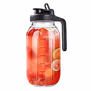 64oz Glass Pitcher with Lid, 2 Quart Mason Jar Pitcher with Lid and Spout, Wide Mouth Breast Milk Pitcher Glass Jug Sun Tea Pitcher, Cold Brew Coffee Pitcher, Fridge Container for Water, Juice, Tea
