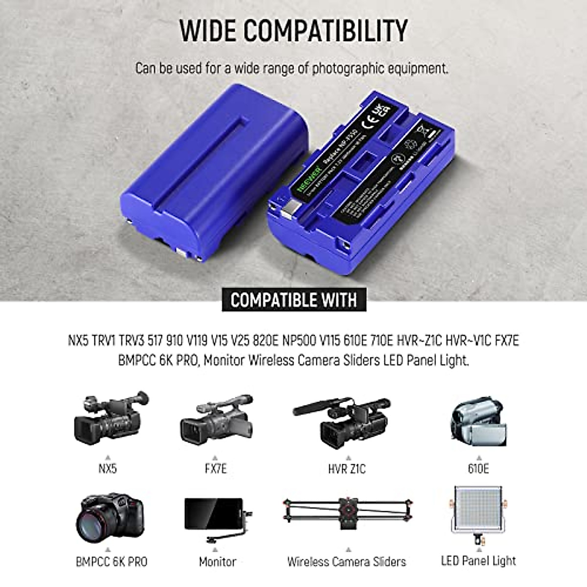 NEEWER NP-F550 Battery Charger Set Compatible with Sony NP-F970 F750 F770 F960 F550 F530 F330 F570 CCD-SC55 TR516 TR716 TR818 TR910 TR917, NEEWER Led Light/Monitor/Camera Slider (2 Pack, Blue)