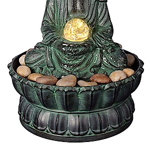 Haobos Indoor Tabletop Fountain Exquisite Sitting Buddha Fountains Meditation Desk Water Fountain Decorative Zen Fountain w/Glass Rolling Ball/LED/Stone Office and Home Decor 9.4" (21127A)