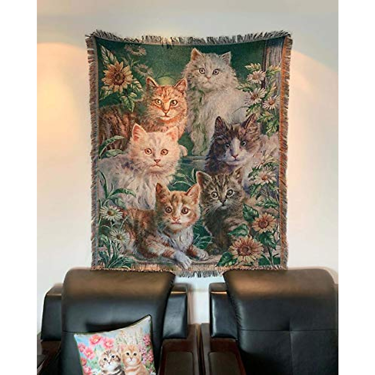 EZ.enjoy Garden Cat Flower Woven Tapestry Throw Blanket with Fringe 50X60 inches