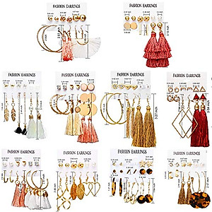 63Pairs Fashion Earrings with Tassel Earrings Layered Ball Dangle Hoop Stud Jacket Earrings for Women Girls Jewelry Fashion and Valentine Birthday Party Gift
