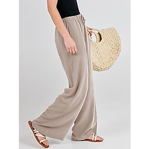 ANRABESS Women's Linen Summer Palazzo Pants Elastic Waist Casual Beach Trendy Wide Leg Trousers with Pockets Large Light Khaki