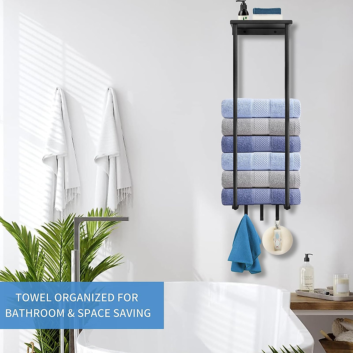 HOTNIU Towel Racks for Small Bathroom Wall Mounted, Vertical Towel Storage with Metal Shelf and 3 Hooks, Bath Towel Rack for Rolled Towels, Black Towel Holder for Large Bath Sheets Towels