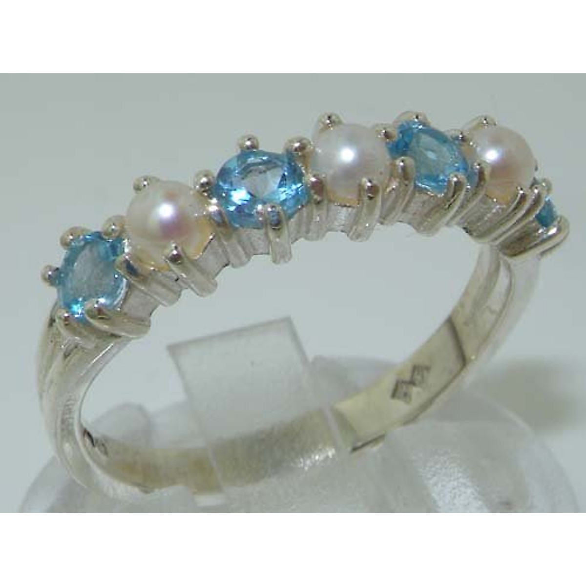 LetsBuyGold 925 Sterling Silver Cultured Pearl & Blue Topaz Womans Eternity Band Ring - Size 10