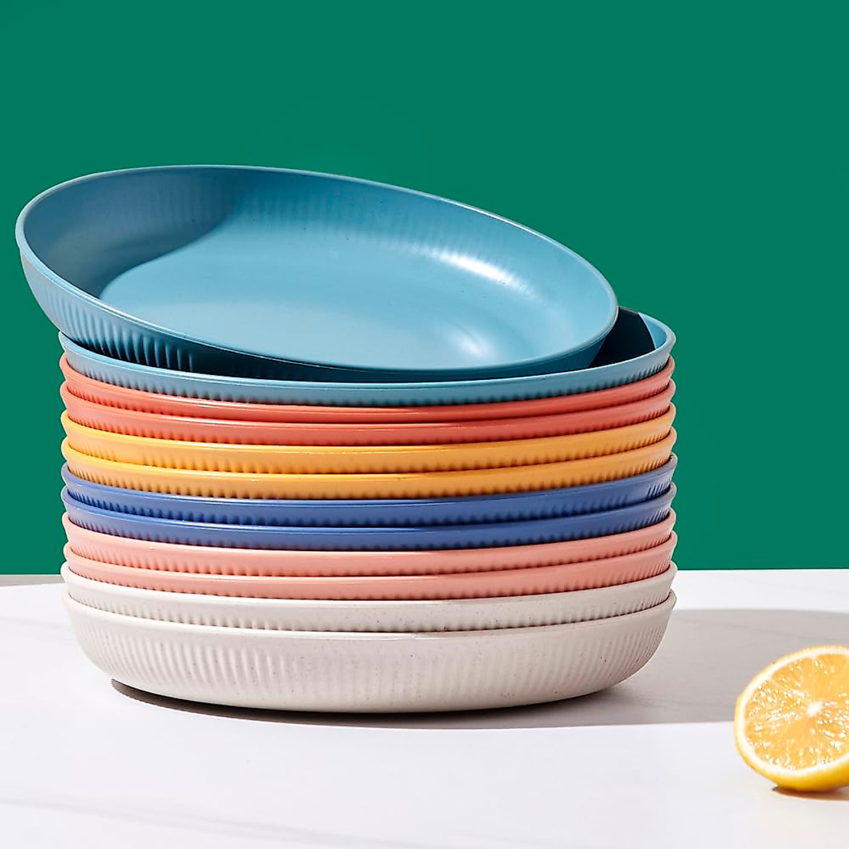 HXYPN 12 PACK 9 Inches Deep Dinner Plates Plastic Plates Reusable Unbreakable Kitchen Plate Sets Dishwasher and Microwave Safe Plates Wheat Straw Plates