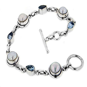 Sterling Silver Genuine Blue Topaz and Cultured Freshwater Pearl Gemstone Toggle Bracelet - 7.5"