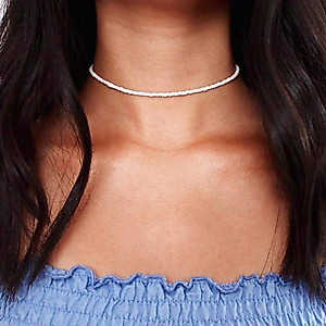 Yalice Boho Choker Necklace Chain Rice Beaded Necklaces Summer Surfer Costume Neck Accessories for Women (White)