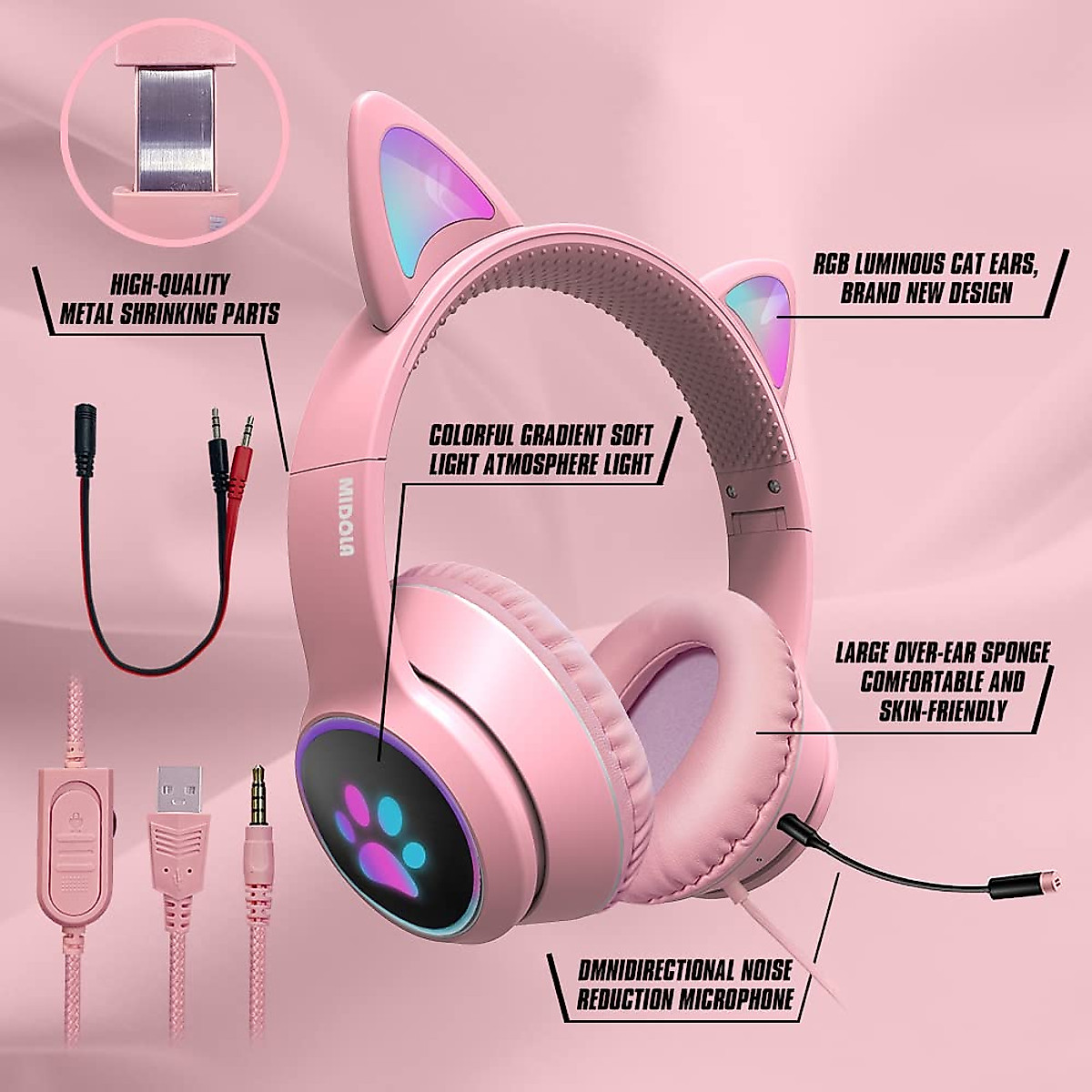 MIDOLA Gaming Wired AUX 3.5mm Cat Ear Headphone Over Ear LED Light Fit Adult & Kids Girl Boy Foldable Stereo Headset Earmuffs with Mic for PC PS4 Game Cellphone Laptop Pad Pink