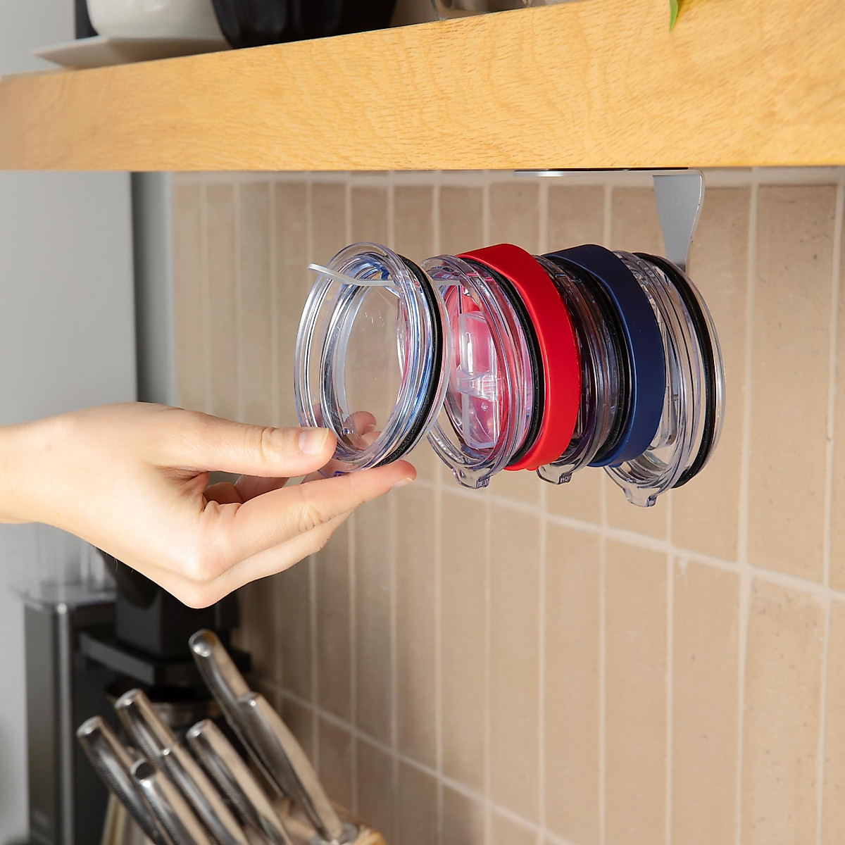 ELYPRO - Tumbler Lid Organizer, Under-Cabinet Cup Lid Holder for Stanley, Yeti, Hydro Flask, Self-Adhesive Under-Cabinet Mount, Kitchen Cabinets and Countertops Organization, Steel (Drink Lids)