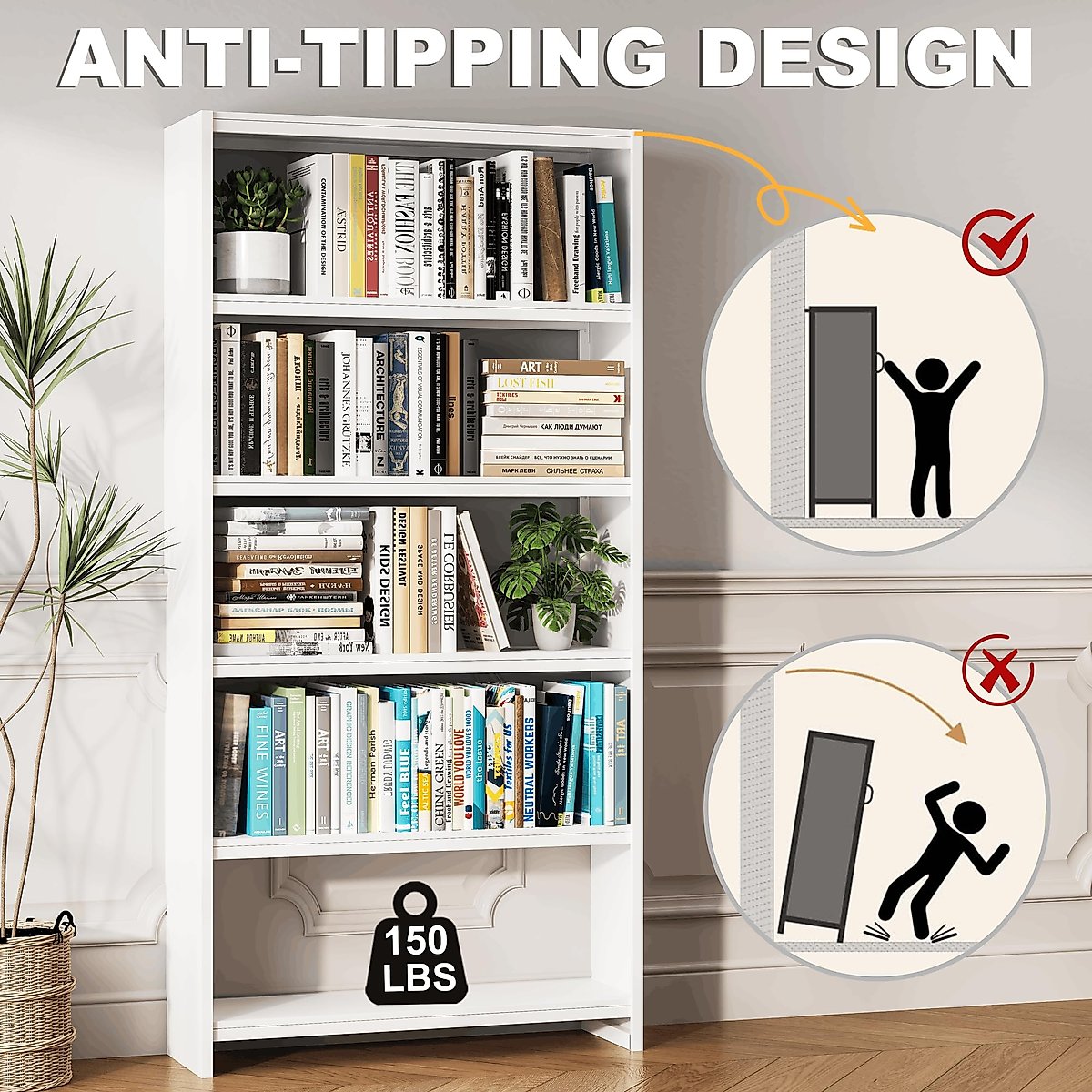 YILFANA 69'' Tall White Bookshelf, Metal Bookshelves and Bookcases, Display Bookshelf with 5 Tier Display Shelves, Large Bookshelf for Study, Library, Office, Corner