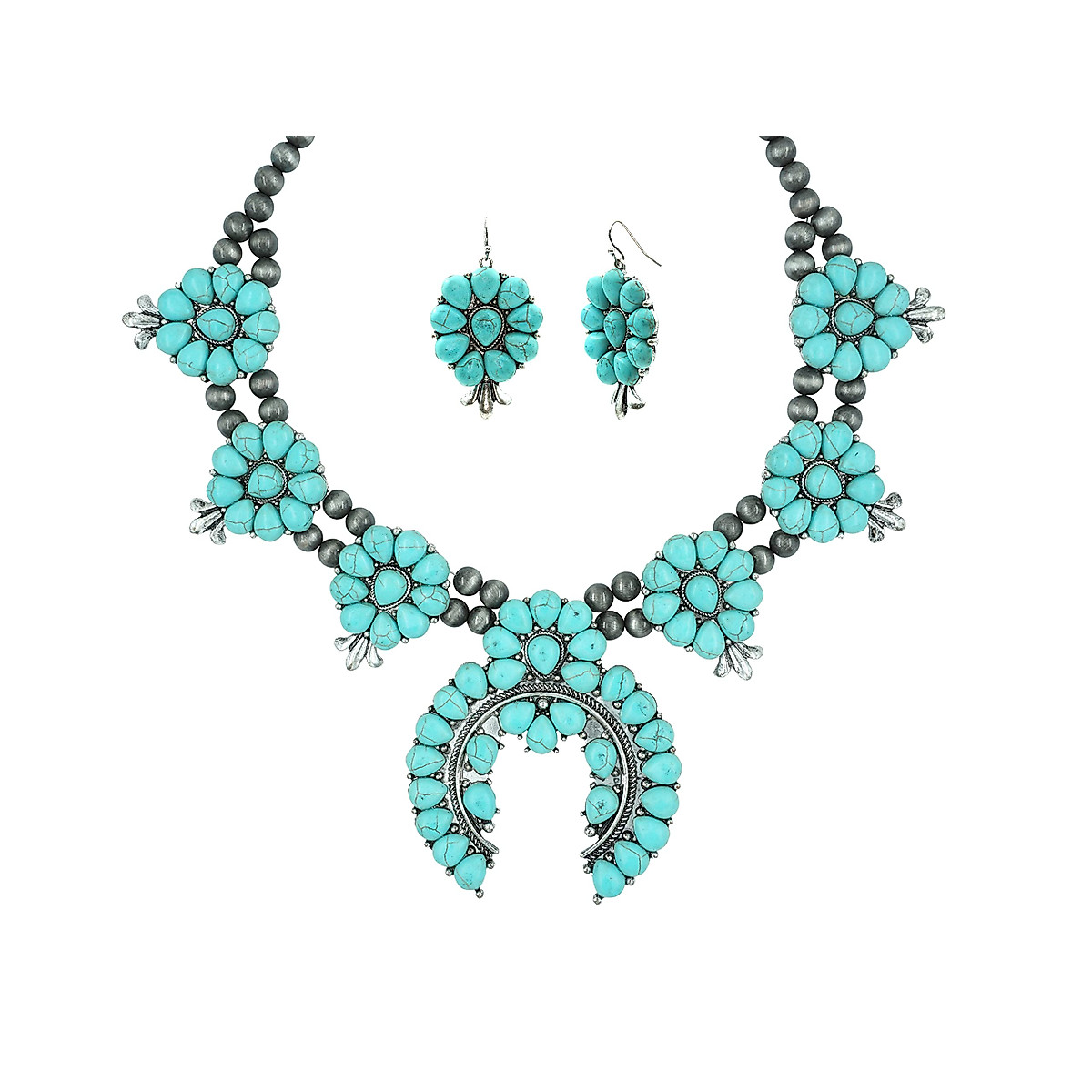 Turquoise Stone Squash Blossom Pendant Bib Statement Faux Navajo Pearl Necklace 20 Inch and French Hook Earrings (Silver Burnish/Turquoise)