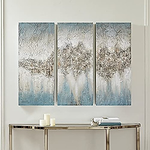 Madison Park Wall Art Living Room Décor - Embellished Hand Painted Canvas, Home Accent Glitter Abstract Bathroom Decoration Ready to Hang Painting for Bedroom, 15" W x 35" H x 1.5" D, Blue 3 Piece