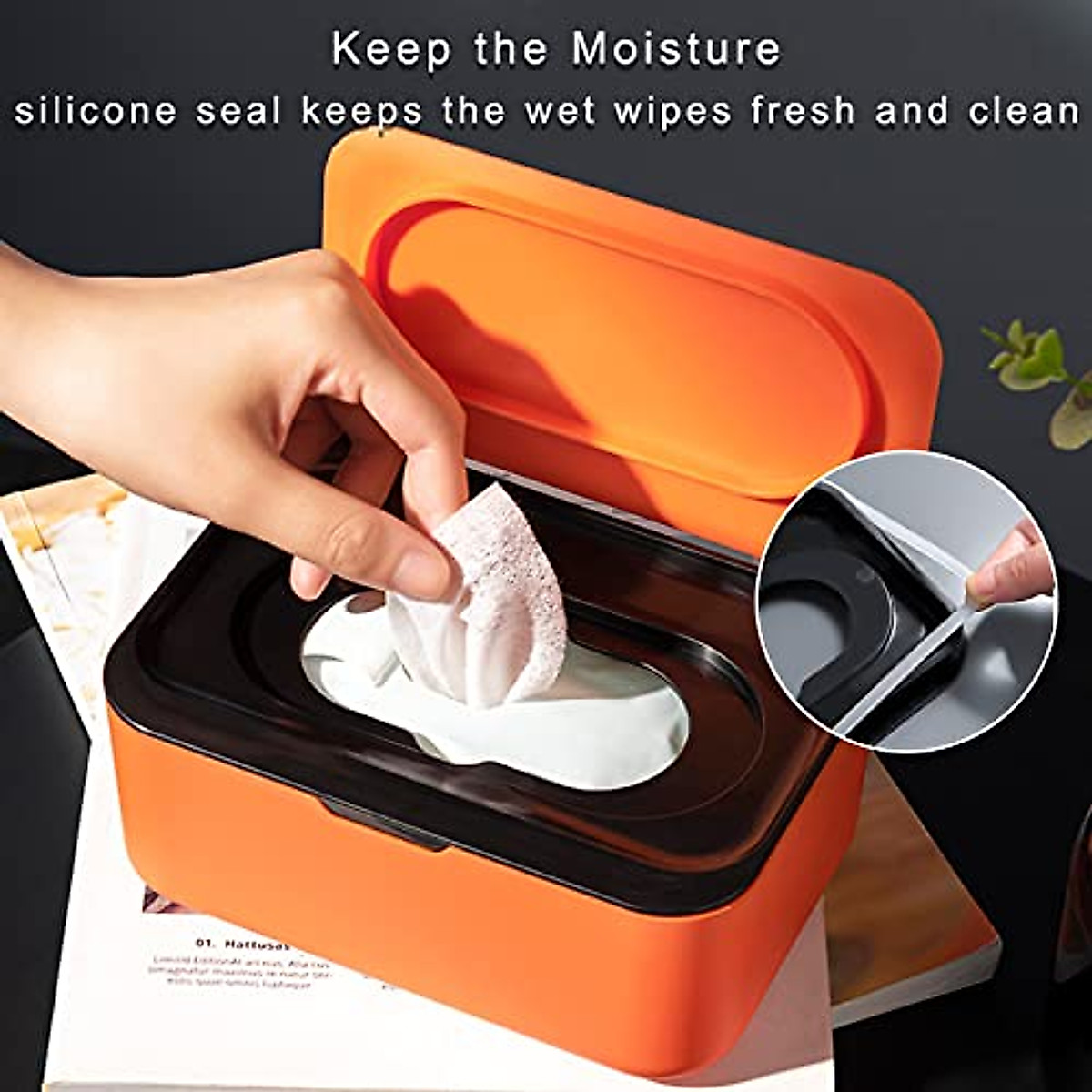 Babekin Wipes Dispenser, Perfect Pull Baby Wipes Holders, Sealing Design Wipe Container Keep Diaper Wipes Fresh, Dustproof Tissues Wipes Case for Home Office Car, Non-Slip (Orange-White)