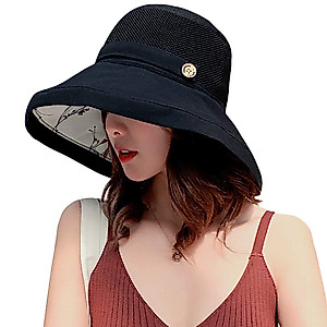 Women Mesh Sun Hats Summer Beach UV Protection UPF Packable Wide Brim Chin Strap (Black)