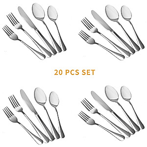20 Pieces Silverware Flatware Set, Stainless Steel Cutlery Forks Spoons Service for 4 set, Elegant Utensil Tableware Sets for Eating, Zocy Serving for Kitchen and Hotel