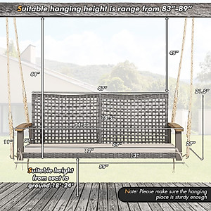 Happygrill 2-Person Patio Porch Swing Chair, Outdoor Rattan Swing Bench with Acacia Wood Armrests & Two 118” Hanging Ropes, Seat Cushion Included, Max 800 lbs White