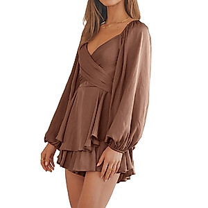 Womens Rompers Off Shoulder Ruffle Hem Short Dress Baggy Bubble Long Sleeve Sexy Flowy Backless Jumpsuit