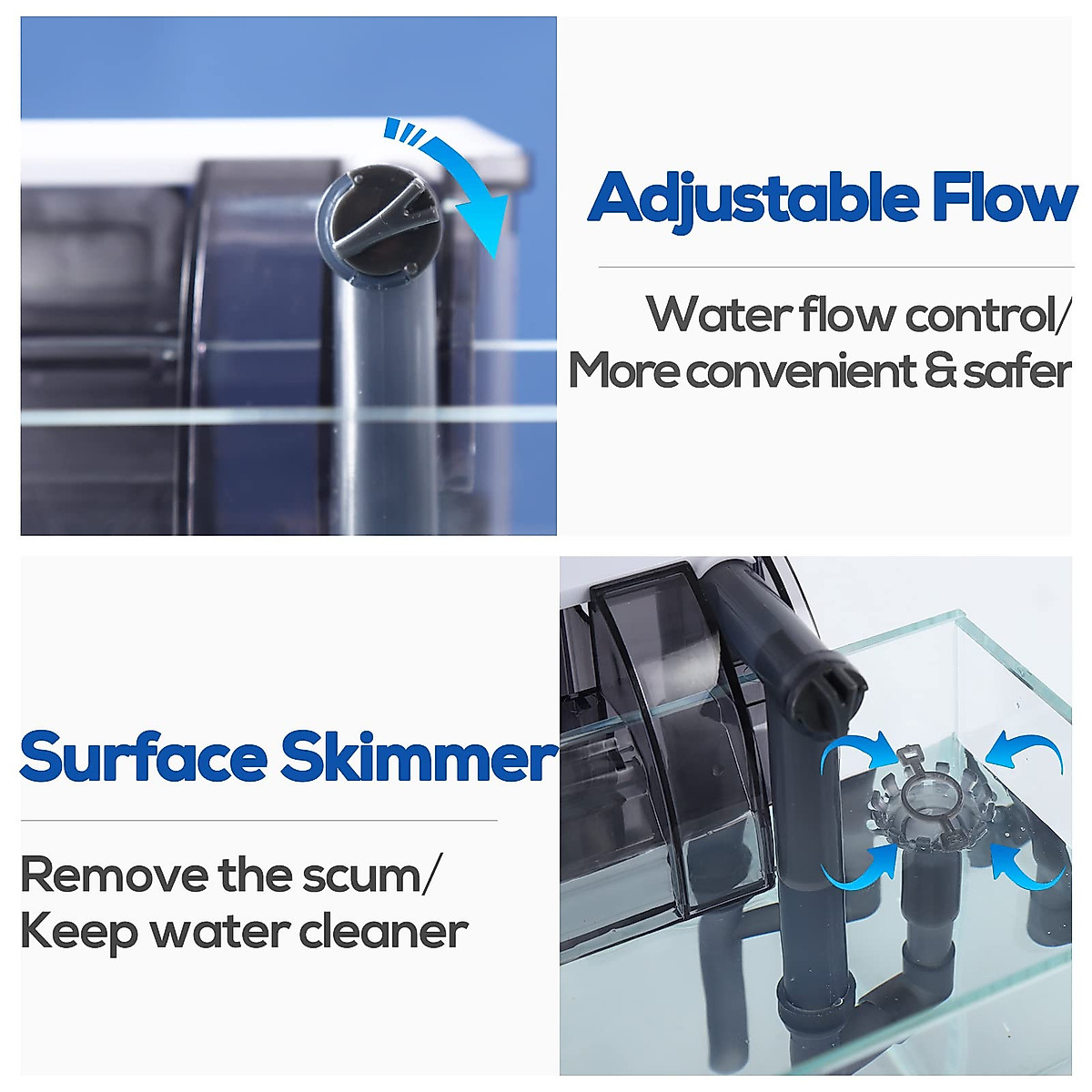 LAQUAL Aquarium Filter with Surface Skimmer, 10 Gallon Small Fish Tank Filter, 3-Layer Filtration, Adjustable Water Flow, Waterfall Design for Increasing Oxygen, Quiet & Efficient Hang on Back Filter