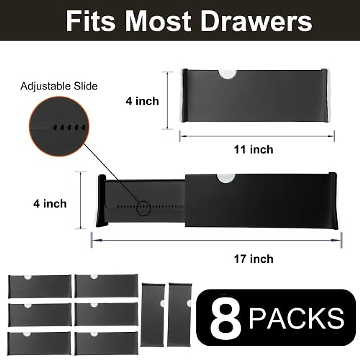 KIKILIE 8 Pack Kitchen Drawer Divider, 11-17 Inch Expandable Organizers for Clothing, Baby Clothes, Makeup, Utensils, Deep Dresser Organizer Dividers, 4 Tall Separators, White