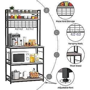 JAMFLY Kitchen Bakers Rack with Power Outlet, Coffee Bar Cabinet, Kitchen Racks with Storage Cabinet, 5-Tier Microwave Stand with 10 Hooks and Metal Wire Panel (31.5'', Gray)
