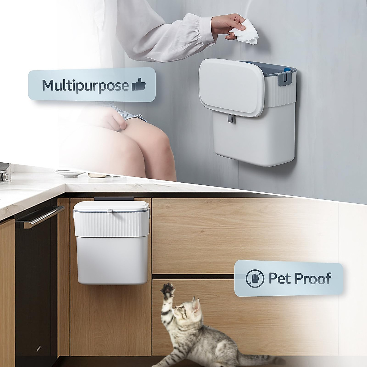 COCOYA Hanging Trash Can with Lid, 2.3 Gallon Kitchen Garbage Bin Food Waste Container Convenient Durable Over Cabinet Door RV Counter Camping Cupboard Under Sink Compost Bathroom Wall Mounted