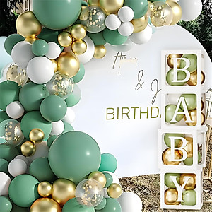 Baby Shower Decorations for Boy Girl - 183pcs Sage Green Balloon Arch Kit and Baby Boxes with Letters for Baby Shower Birthday Jungle Safari Dinosaur Party Supplies