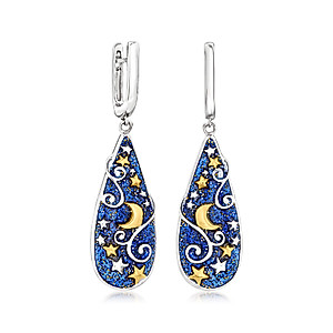 Ross-Simons Glittery Blue Enamel Celestial Hoop Drop Earrings in 2-Tone Sterling Silver