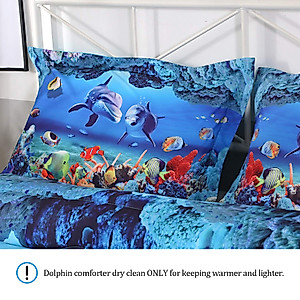 Qucover Dolphin Comforter Set Twin Size 3-Piece Blue Ocean Sea Animall Tropical Fish Comforter Set with 2 Pillowcases for Teen Boys, Twin 59x79 Inches