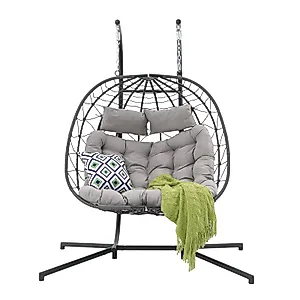 Patiorama 2 Person Double Egg Swing Chair with Stand Indoor Outdoor, Patio Wicker Rattan Hanging Egg Chair w/Cushion, Pillow, Foldable Hammock Chair 550lbs for Bedroom, Balcony, Garden (Light Grey)